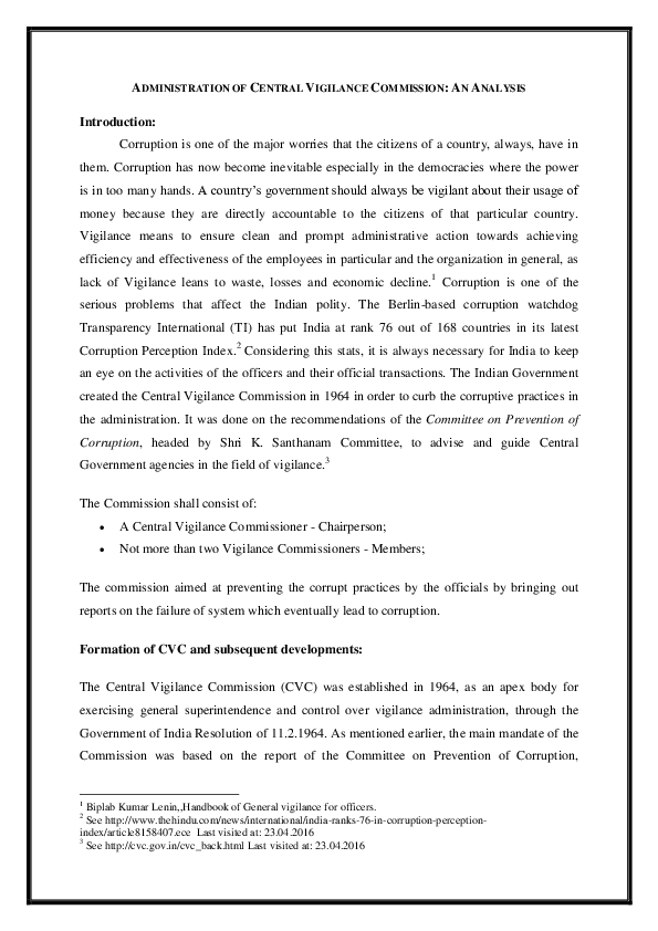 (PDF) ADMINISTRATION OF CENTRAL VIGILANCE COMMISSION: AN ANALYSIS