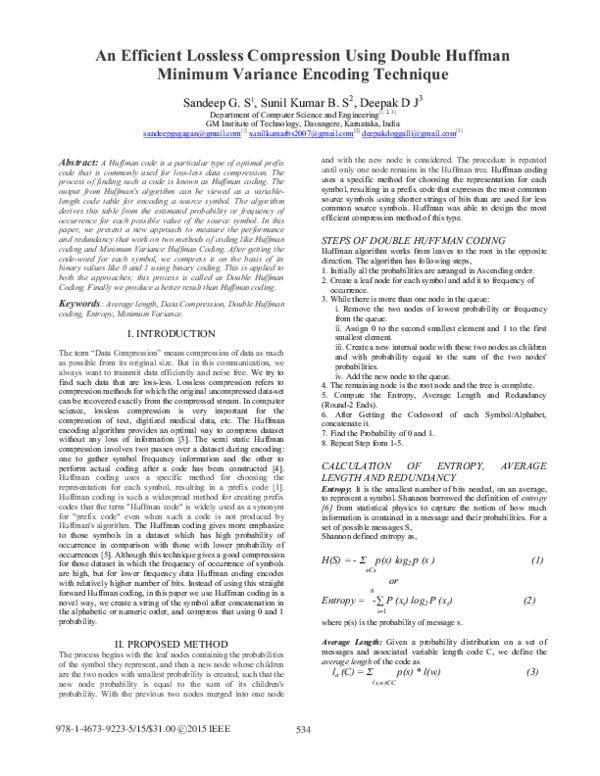 Pdf An Efficient Lossless Compression Using Double Huffman Minimum Variance Encoding Technique