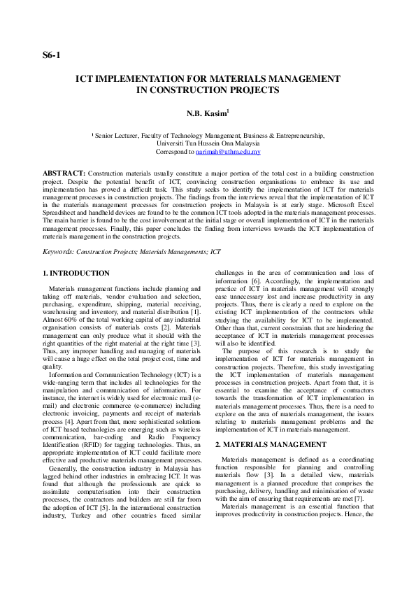S6-1 ICT IMPLEMENTATION FOR MATERIALS MANAGEMENT IN CONSTRUCTION PROJECTS
