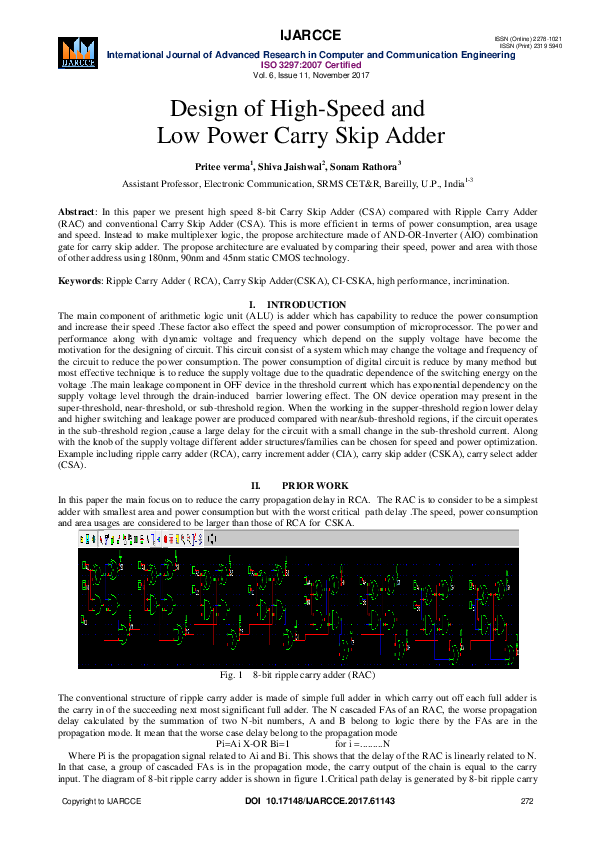 (PDF) Design of High-Speed and Low Power Carry Skip Adder