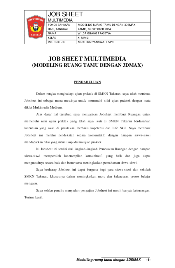 (DOC) JOB SHEET MULTIMEDIA (MODELING RUANG TAMU DENGAN 3DMAX