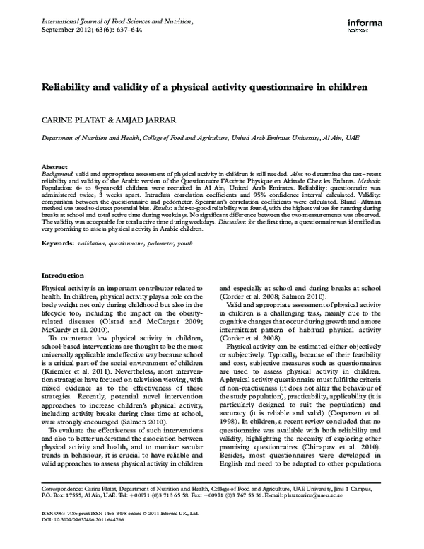 (PDF) Reliability and validity of a physical activity questionnaire in children