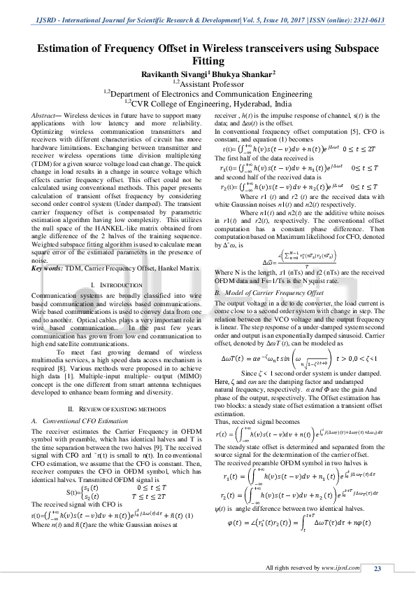 (PDF) Estimation of Frequency Offset in Wireless transceivers using Subspace Fitting