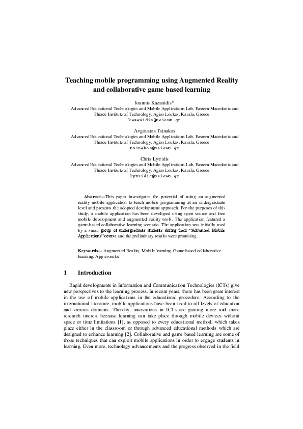 (PDF) Teaching mobile programming using Augmented Reality and collaborative game based learning