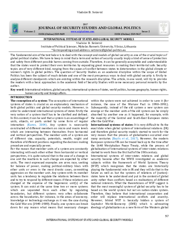 (PDF) International Systems of States and Global Security Models