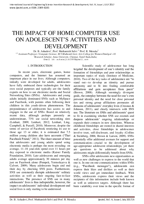 (PDF) THE IMPACT OF HOME COMPUTER USE ON ADOLESCENT'S ACTIVITIES AND ...