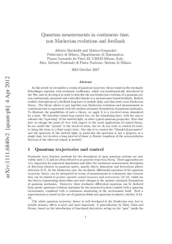 (PDF) Quantum measurements in continuous time, non Markovian evolutions and feedback