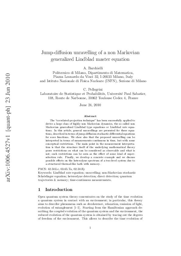 Pdf Jump Diffusion Unravelling Of A Non Markovian Generalized