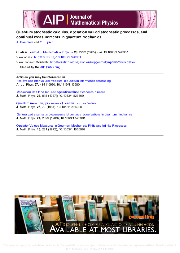 Pdf Quantum Stochastic Calculus Operation Valued Stochastic Processes And Continual