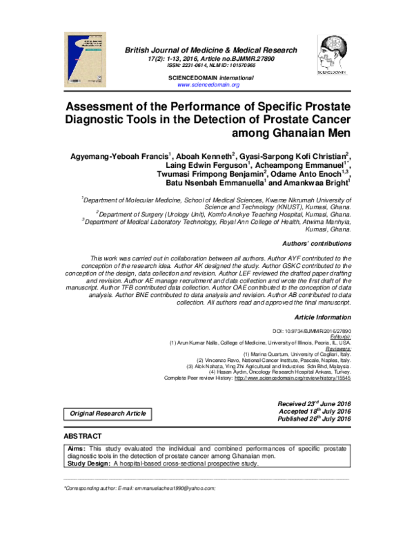 (PDF) Assessment of the Performance of Specific Prostate Diagnostic ...