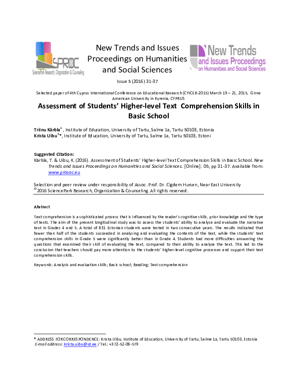 (PDF) Assessment of Students' Higher-level Text Comprehension Skills in ...
