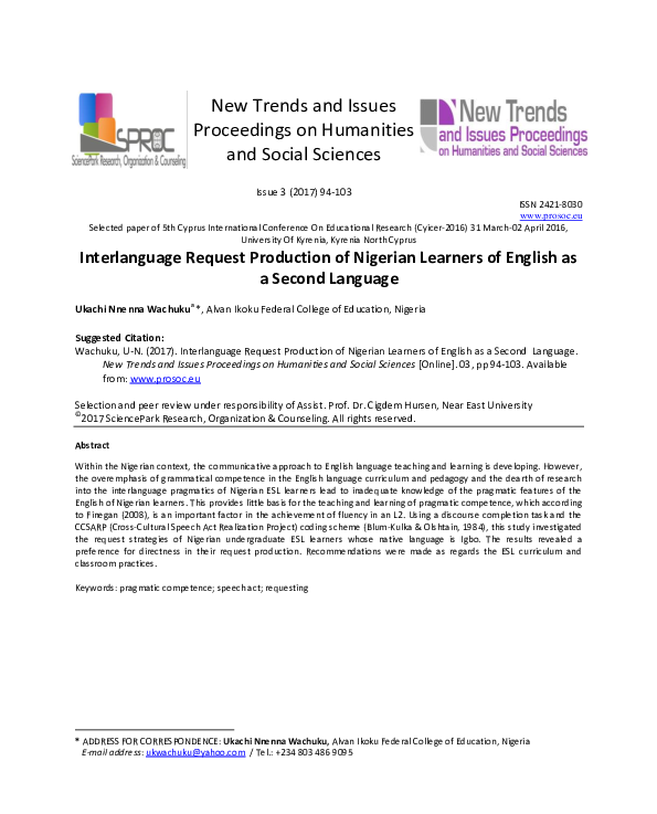 (PDF) Interlanguage Request Production of Nigerian Learners of English as a Second Language