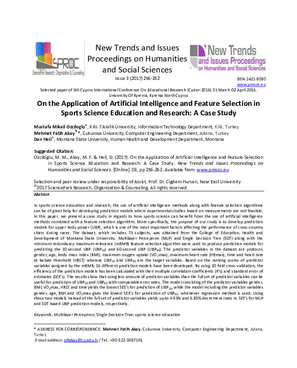 Pdf On The Application Of Artificial Intelligence And Feature Selection In Sports Science