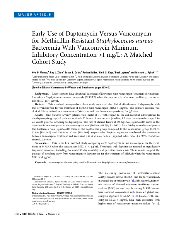 Pdf Early Use Of Daptomycin Versus Vancomycin For Methicillin Resistant Staphylococcus Aureus