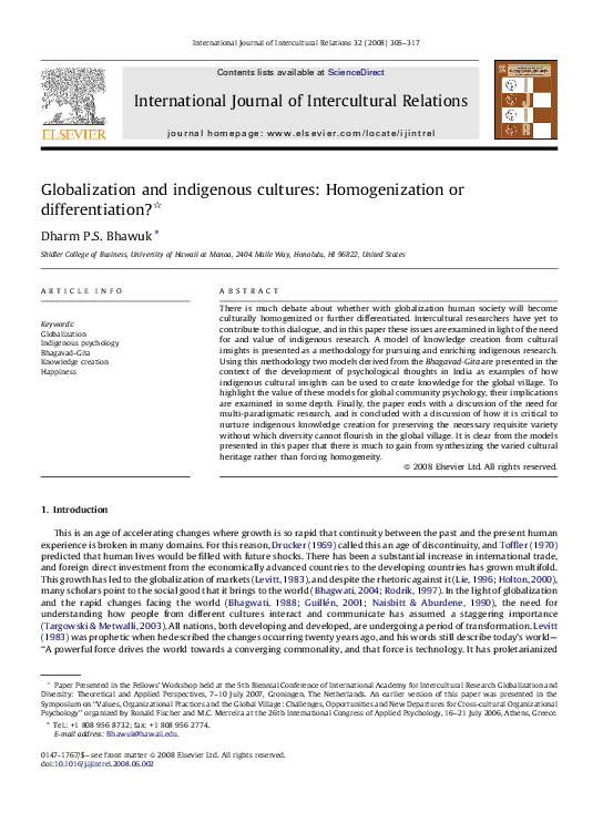 (PDF) Globalization and indigenous cultures: Homogenization or ...
