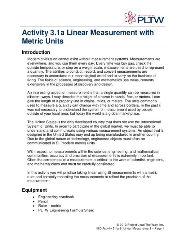 (DOC) Activity 3.1a Linear Measurement with Metric Units