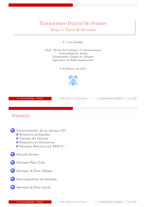 (PDF) Tratamiento Digital de Señales Tema 5: Tipos de Sistemas