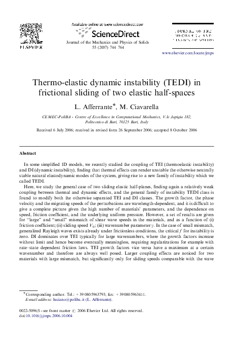 (PDF) Thermo-elastic dynamic instability (TEDI) in frictional sliding ...