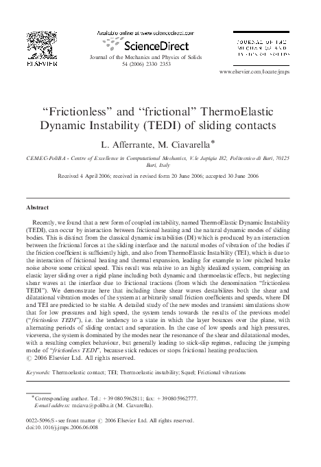 (PDF) “Frictionless” and “frictional” ThermoElastic Dynamic Instability (TEDI) of sliding ...