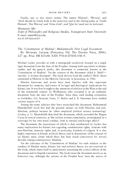 (PDF) The 'Constitution of Medina': Muhammad's first legal document