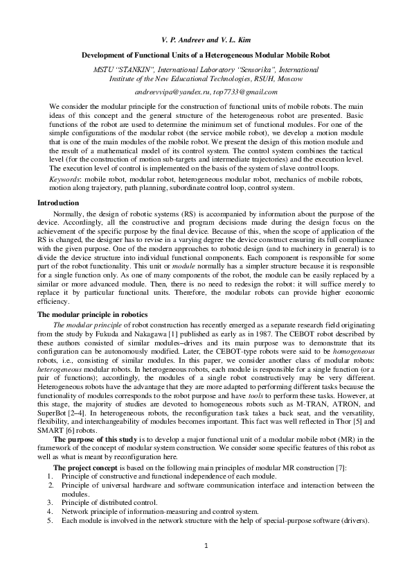 (PDF) Development of Functional Units of a Heterogeneous Modular Mobile Robot