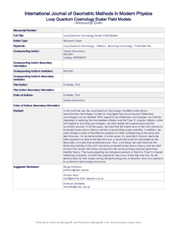(PDF) Loop Quantum Cosmology Scalar Field Models