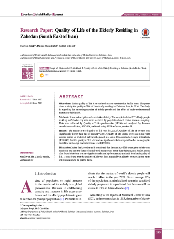 (PDF) Research Paper: Quality of Life of the Elderly Residing in ...