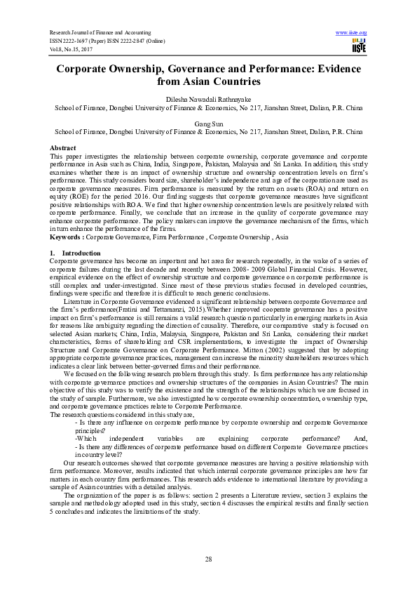(PDF) Corporate Ownership, Governance and Performance: Evidence from Asian Countries