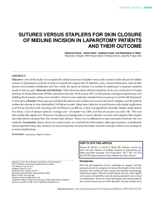 (PDF) SUTURES VERSUS STAPLERS FOR SKIN CLOSURE OF MIDLINE INCISION IN ...