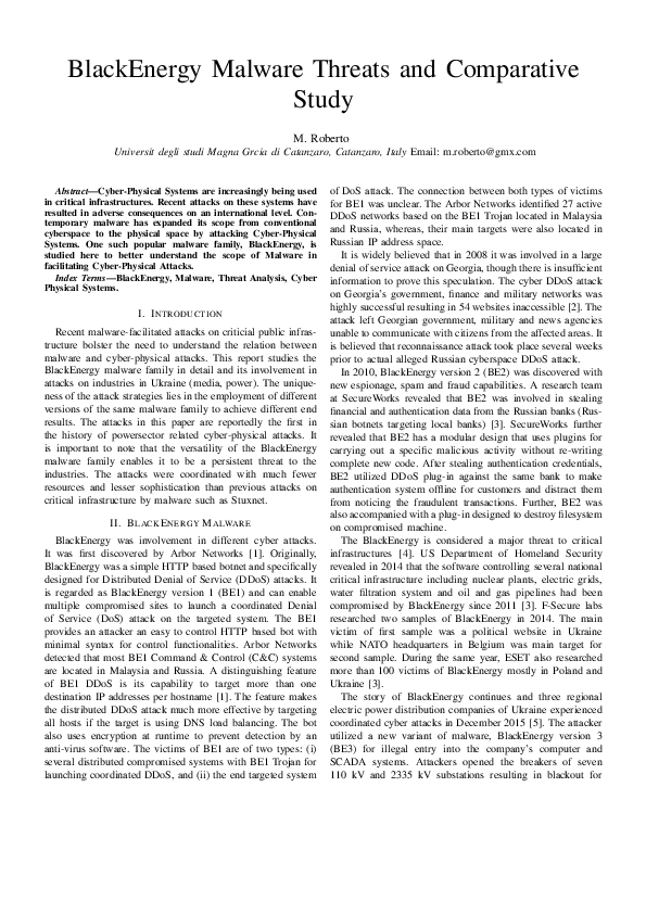 (PDF) BlackEnergy Malware Threats and Comparative Study