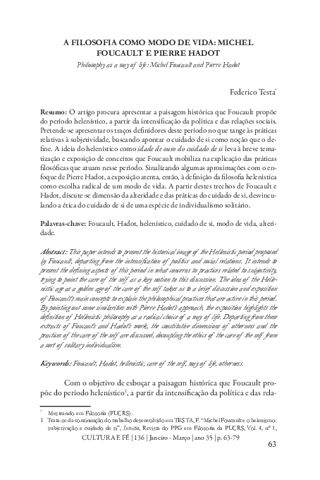 (PDF) A filosofia como modo de vida: Michel Foucault e Pierre Hadot ...