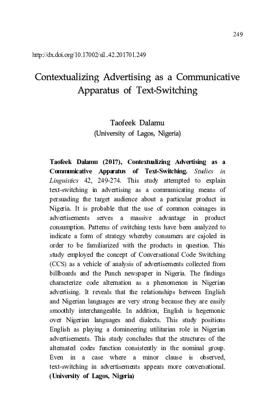 (PDF) Contextualizing Advertising as a Communicative Apparatus of Text-Switching