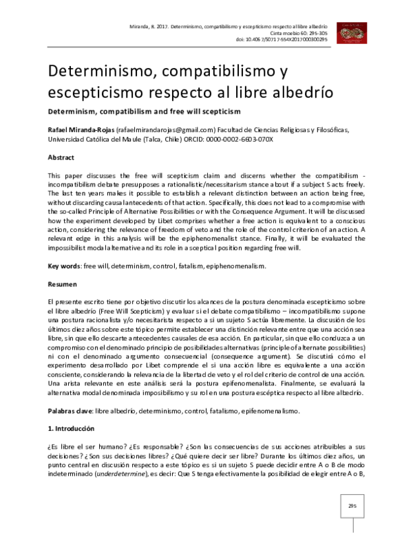 (PDF) Determinismo, compatibilismo y escepticismo respecto al libre albedrío Determinism ...