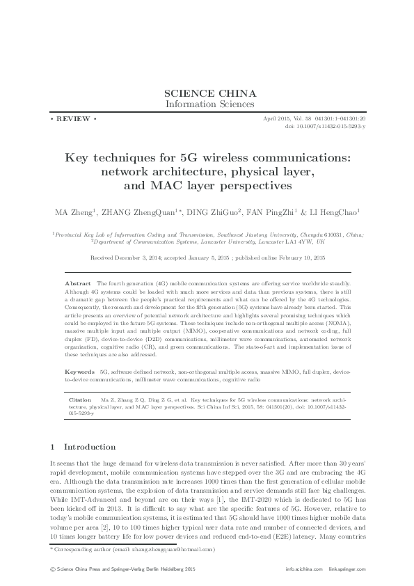 Pdf Key Techniques For 5g Wireless Communications Network Architecture Physical Layer And