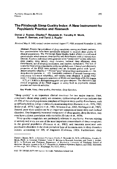 (PDF) The Pittsburgh Sleep Quality Index: A New Instrument for ...