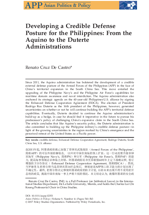 (PDF) Developing a Credible Defense Posture for the Philippines: From the Aquino to the Duterte ...