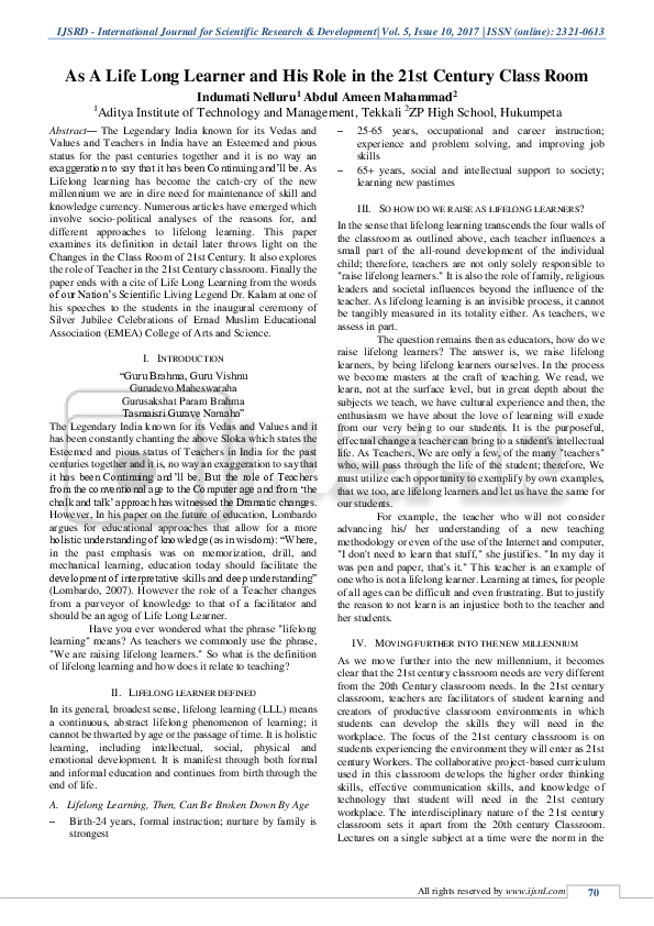 (PDF) As A Life Long Learner and His Role in the 21st Century Class Room