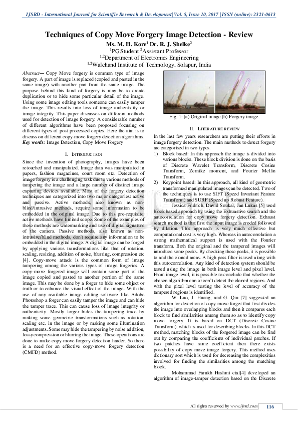 Pdf Techniques Of Copy Move Forgery Image Detection Review