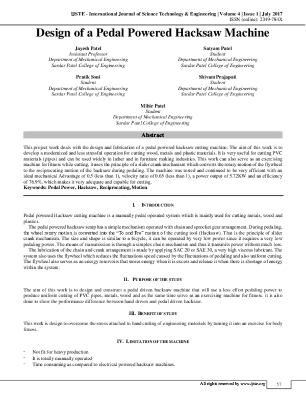 (PDF) Design of a Pedal Powered Hacksaw Machine