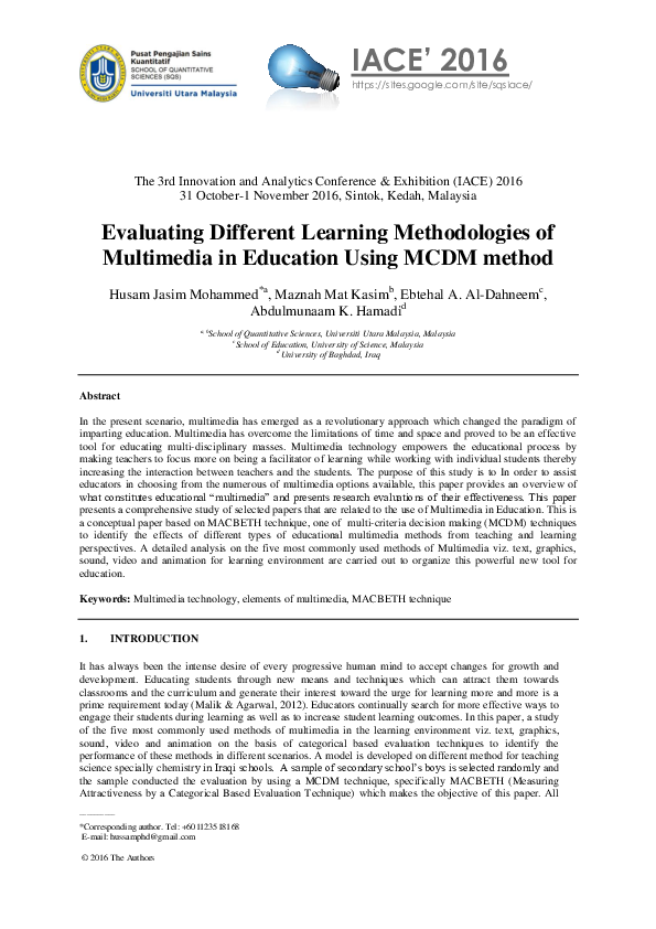 (PDF) Evaluating Different Learning Methodologies of Multimedia in Education Using MCDM method