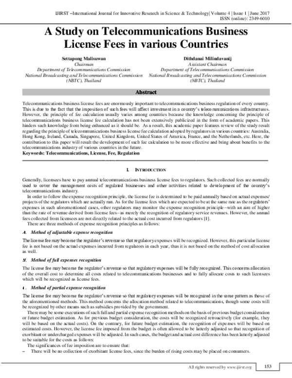 (PDF) A Study on Telecommunications Business License Fees in various ...