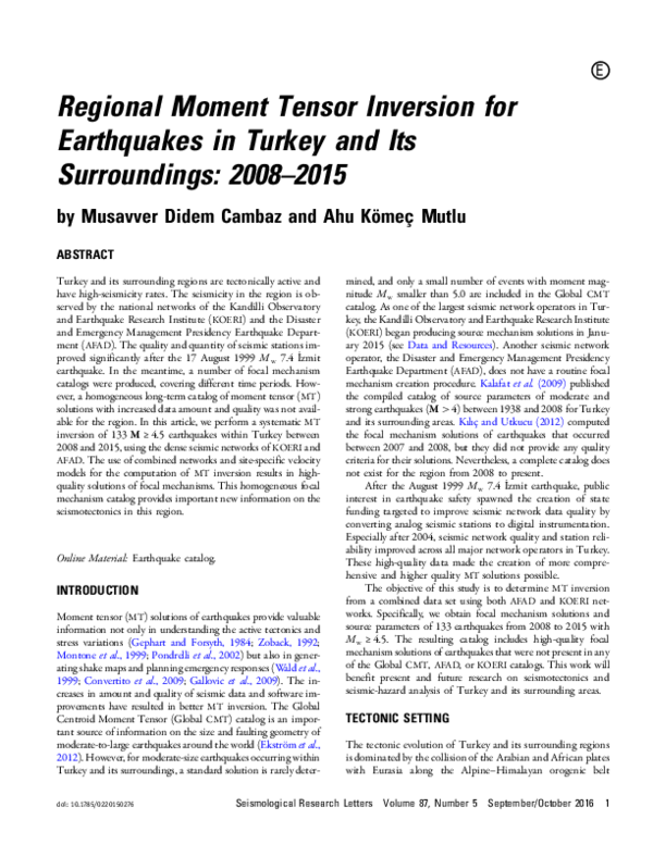Regional Moment Tensor Inversion for Earthquakes in Turkey and Its ...