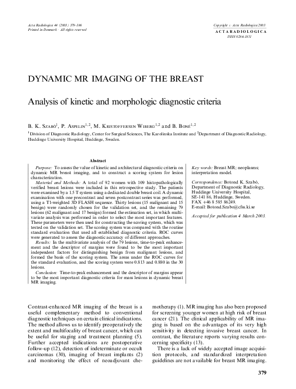 (PDF) Dynamic MR Imaging Of The Breast. Analysis of kinetic and ...