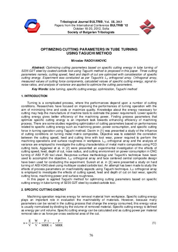 Pdf Optimizing Cutting Parameters In Tube Turning Using Taguchi Method