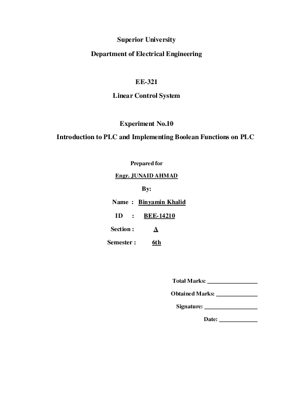 Doc Introduction To Plc And Implementing Boolean Functions On Plc Prepared For By
