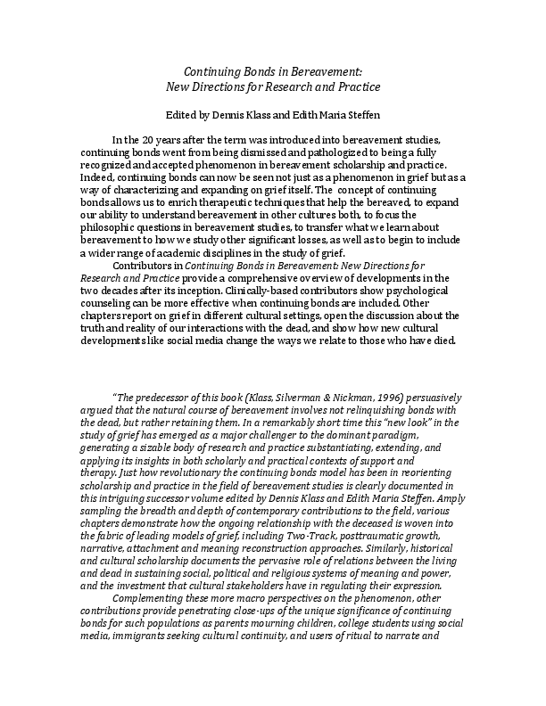 (PDF) Continuing Bonds in Bereavement: New Directions for Research and ...