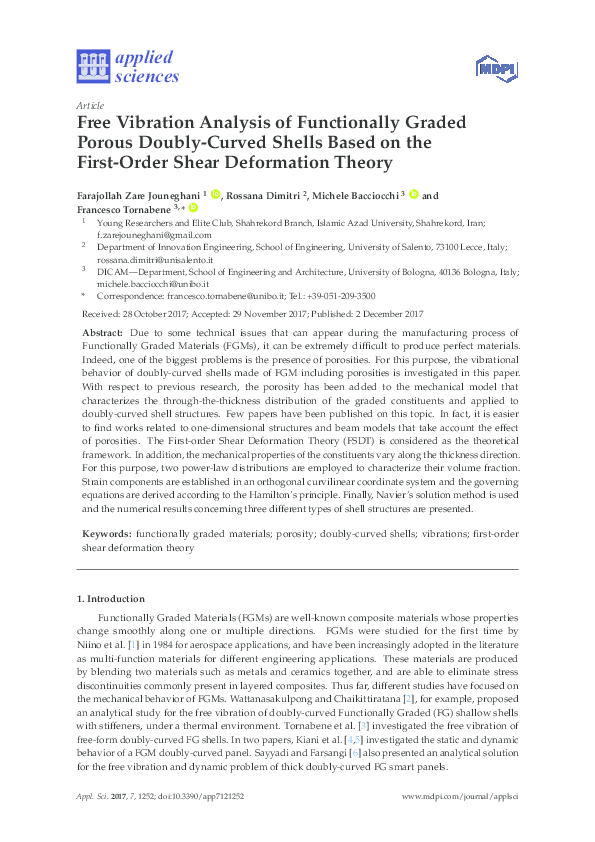 Pdf Free Vibration Analysis Of Functionally Graded Porous Doubly Curved Shells Based On The