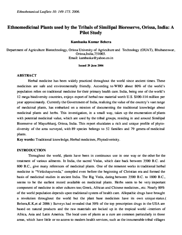 (PDF) Ethnomedicinal Plants used by the Tribals of Similipal Bioreserve, Orissa, India: A Pilot ...