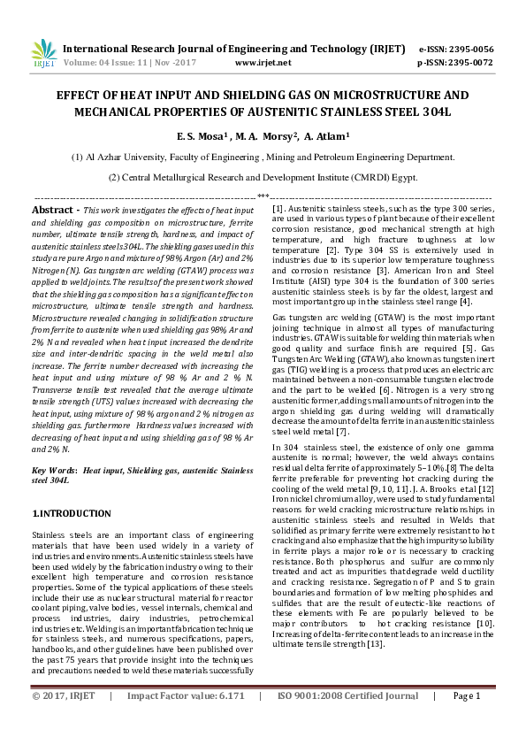 (PDF) EFFECT OF HEAT INPUT AND SHIELDING GAS ON MICROSTRUCTURE AND MECHANICAL PROPERTIES OF ...