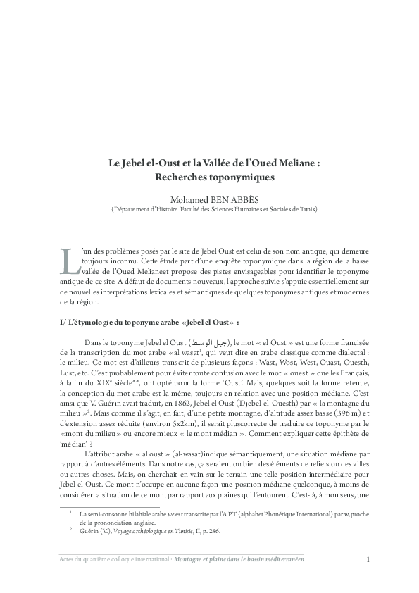 (PDF) Le Jebel el-Oust et la Vallée de l'Oued Meliane : Recherches ...